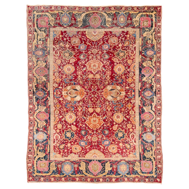 Fine Antique Red Indian Agra Carpet, Colorful Palette and Border, Red ...