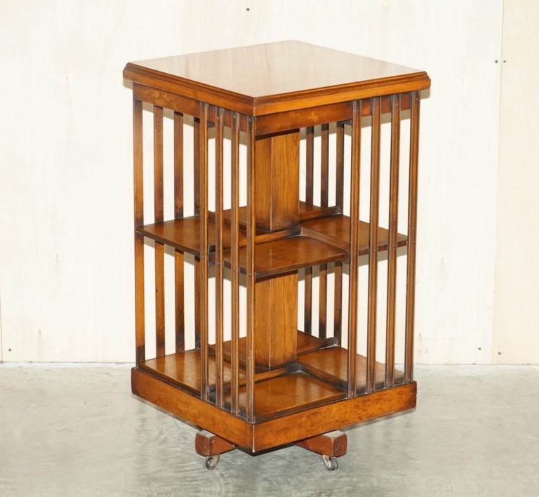 Fine Antique Sheraton Revival Burr Satinwood Revolving Bookcase Side End Table For Sale at 1stDibs revolving bookcase end table rotating bookcase end table revolving end table bookcase