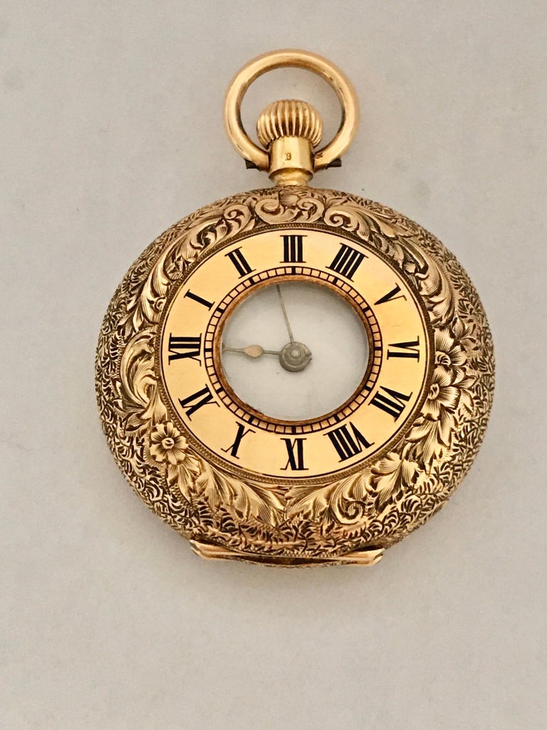 Fine Antique small 14k Gold Half Hunter Full Engraved Case Fob/ Pocket ...