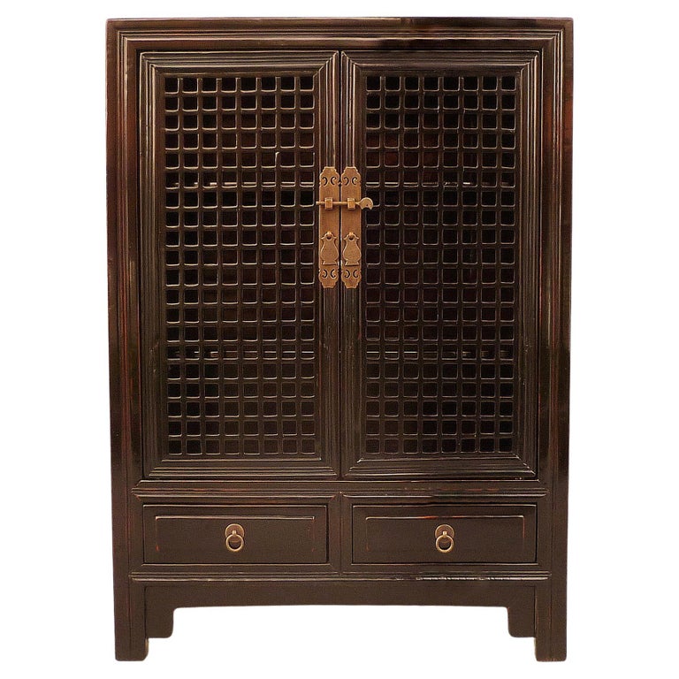 Fine Black Lacquer Chest with Lattice Fret Work Doors For Sale at 1stDibs