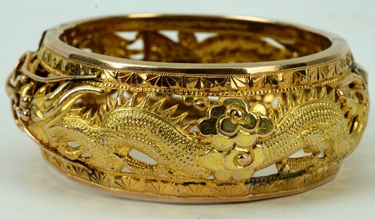 Fine Chinese 14 Karat Two-Tone Gold Bangle Bracelet with Dragon and ...
