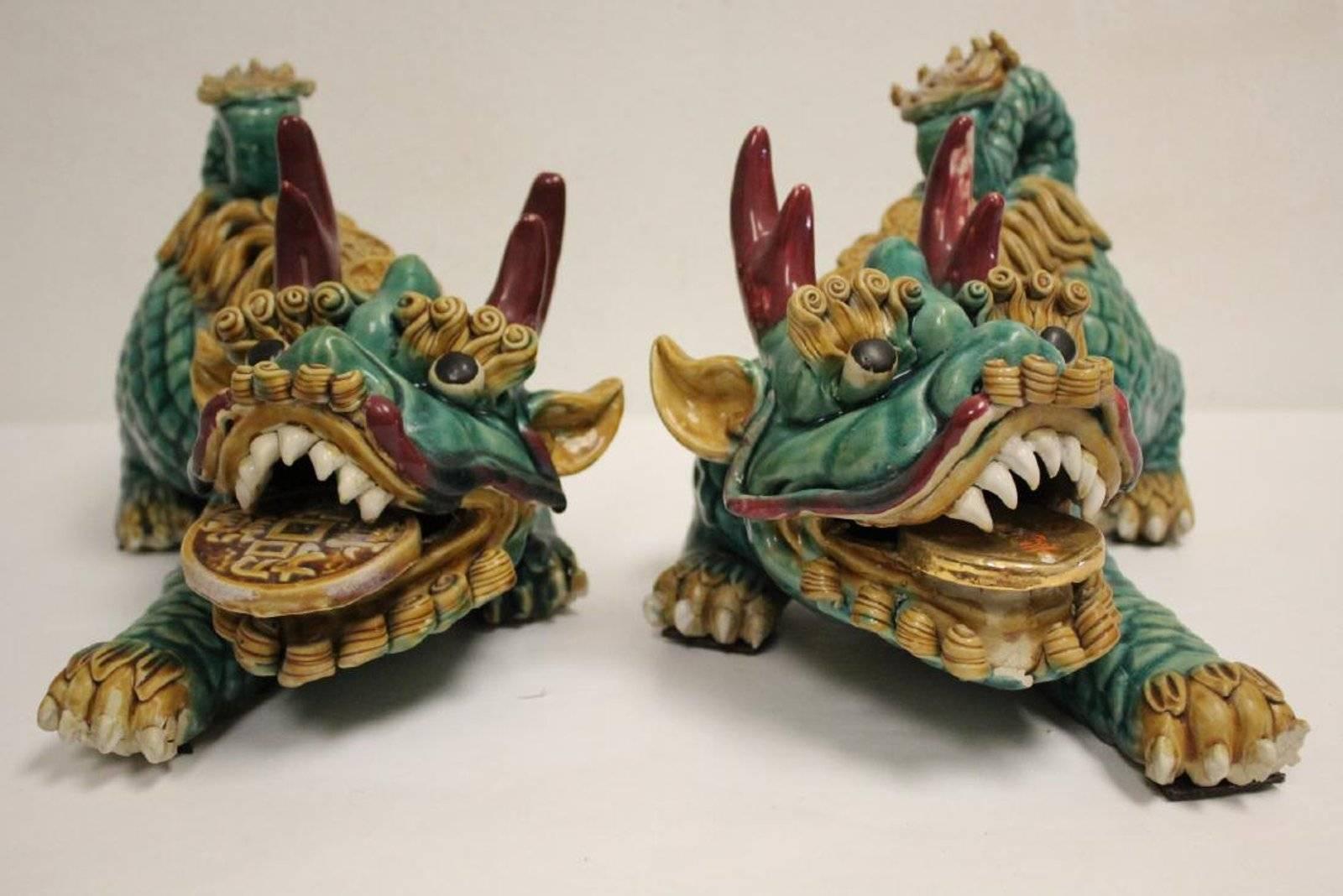 Fine Chinese Pair of Glazed Ceramic Fu Lions, Mid-20th Century at ...