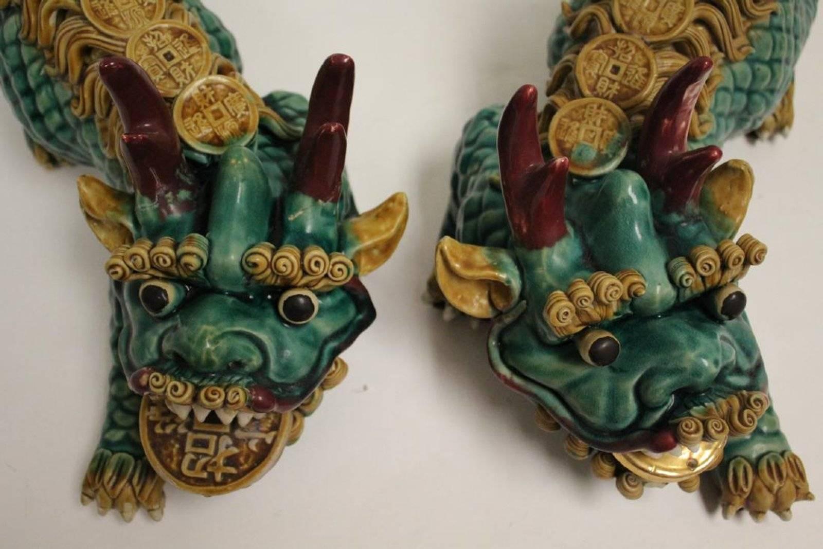 Fine Chinese Pair of Glazed Ceramic Fu Lions, Mid-20th Century at ...
