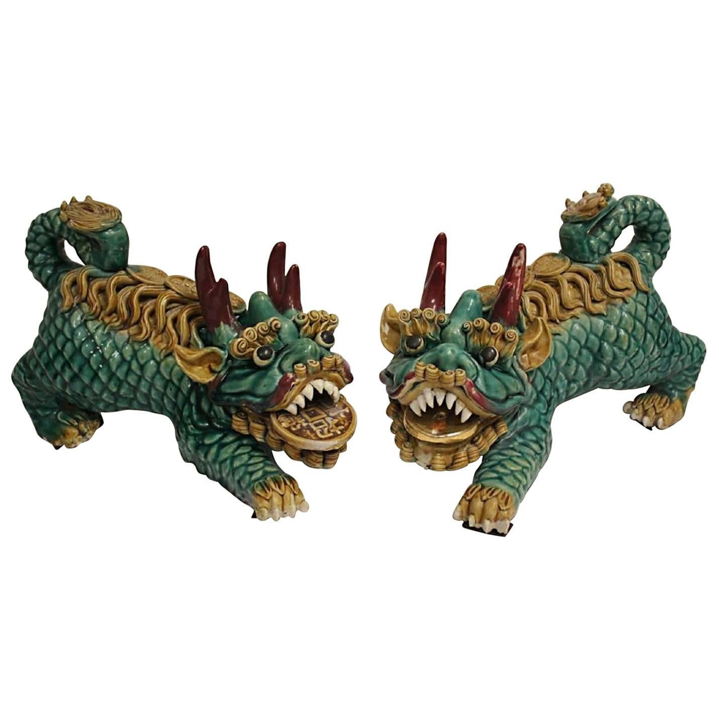 Fine Chinese Pair of Glazed Ceramic Fu Lions, Mid-20th Century at ...