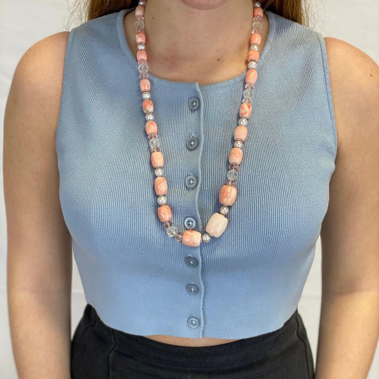 Fine Coral Rose Quartz Rock Quartz Fine Pearls Necklace For Sale at 1stDibs