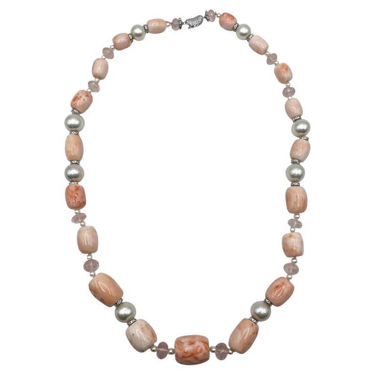 Fine Coral Rose Quartz Rock Quartz Fine Pearls Necklace For Sale at 1stDibs