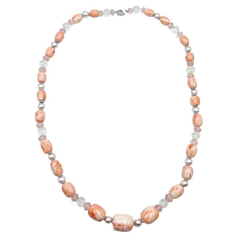 Fine Coral Rose Quartz Rock Quartz Fine Pearls Necklace For Sale at 1stDibs
