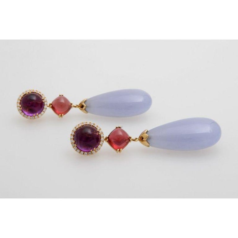 Fine Drop Earrings 'Pair' with 2 Chalcedony Teardrops For Sale at 1stDibs