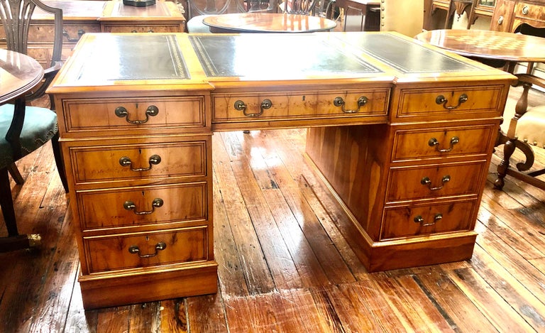 Fine English Bench Made Inlaid Yew Wood Pedestal Partner's Desk, Black ...