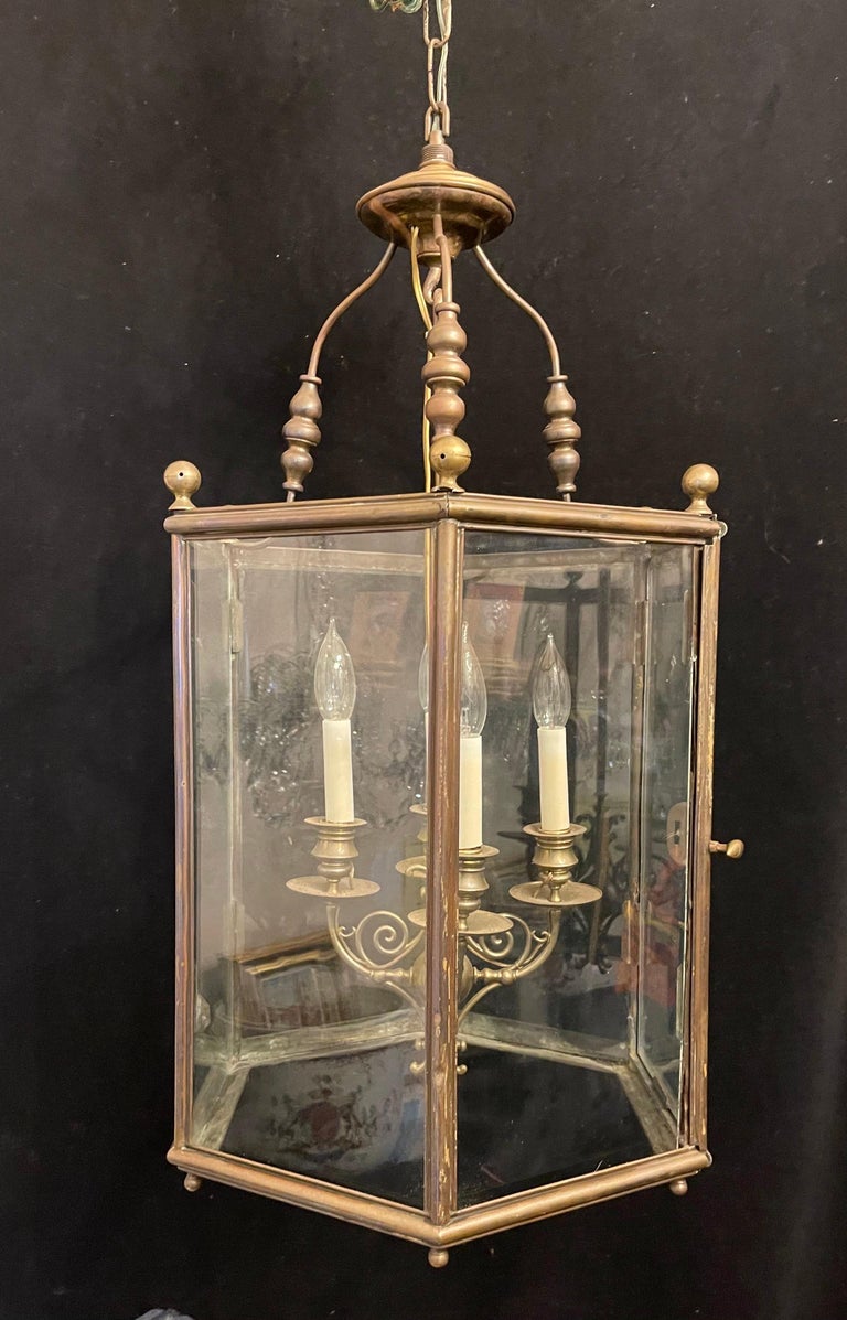 Fine English Brass Bronze Octagonal Glass Panel Lantern Light Pendent ...