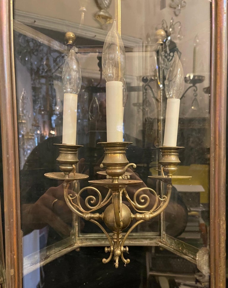 Fine English Brass Bronze Octagonal Glass Panel Lantern Light Pendent ...