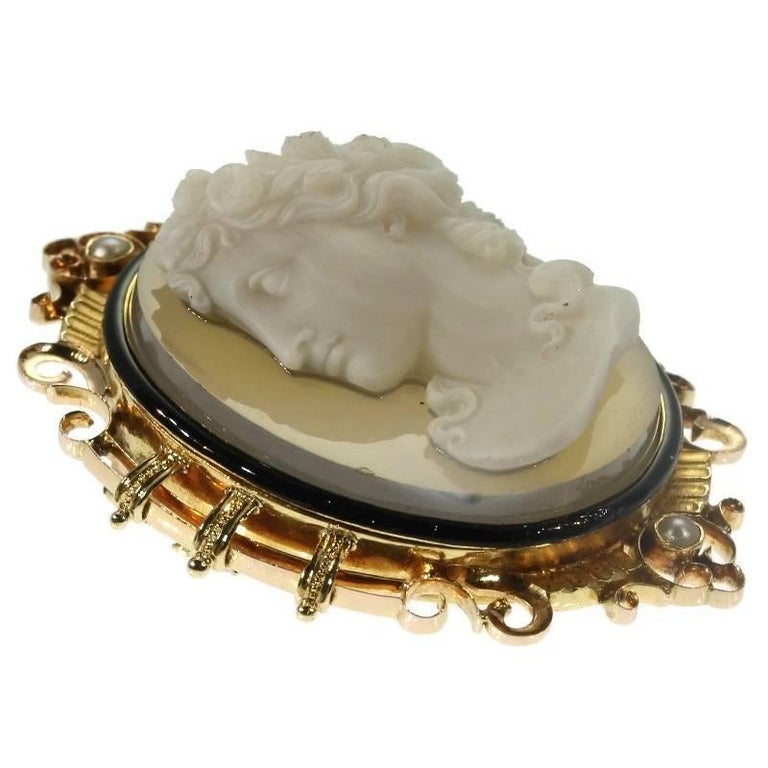 Fine French Antique Cameo Black Enamel Pearl 18 Karat Rose Gold Brooch ...