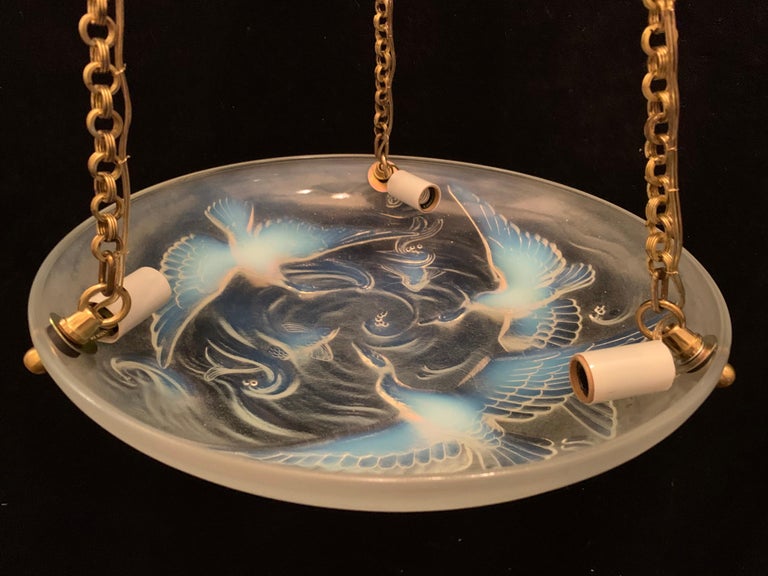Fine French Art Deco Verlys Opalescent Glass Chandelier Kingfisher ...