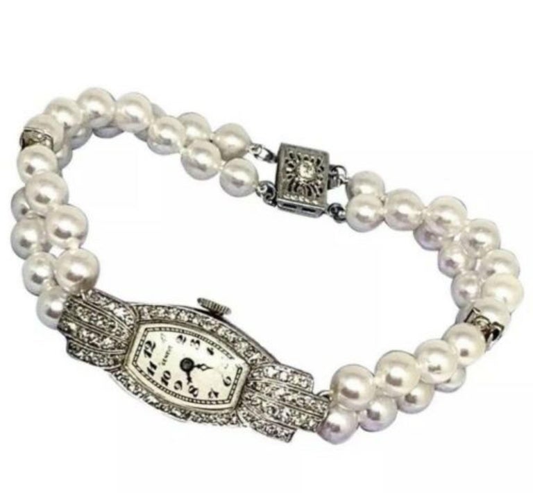Geneve Diamond Akoya Pearl Platinum Watch Bracelet Certified at 1stDibs