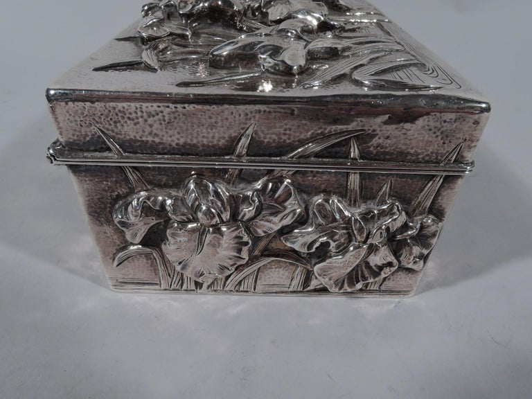 Fine Japanese Hand-Hammered Silver Box with Irises For Sale at 1stDibs
