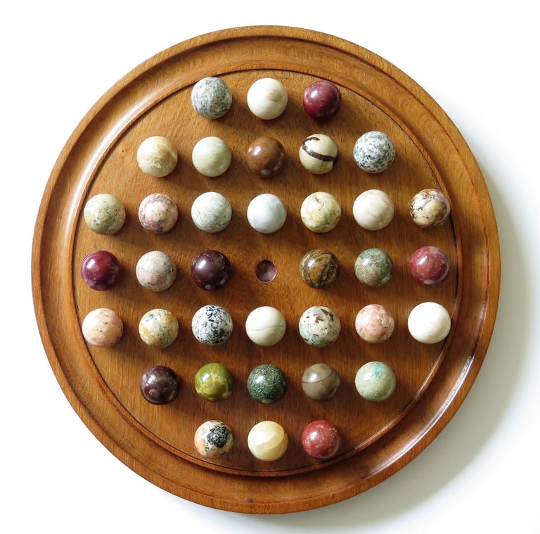 Fine Large Table Marble Solitaire Game with 36 Agate Marbles, Late 19th ...