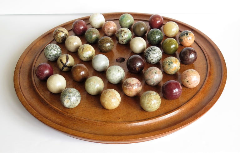 Fine Large Table Marble Solitaire Game with 36 Agate Marbles, Late 19th ...