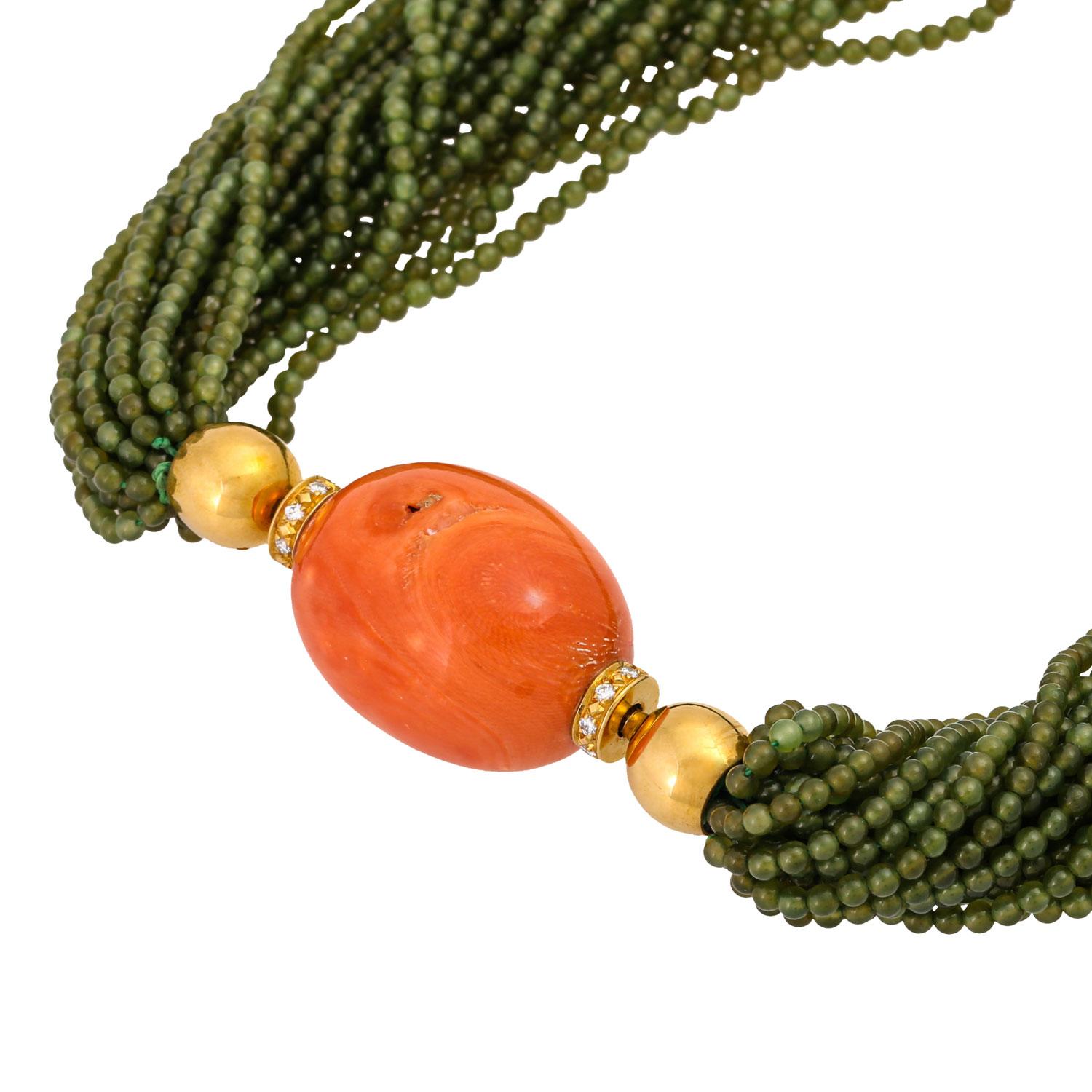 Fine Nephrite Necklace with Coral Change Clasp For Sale at 1stDibs