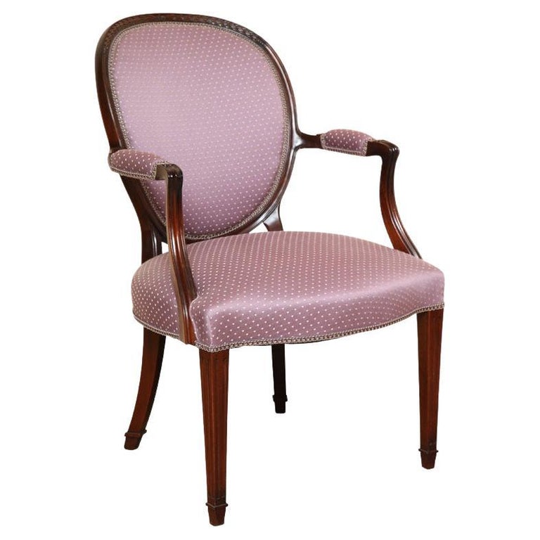 Fine Oval Back Hepplewhite Style Carved Open Armchair For Sale at 1stDibs