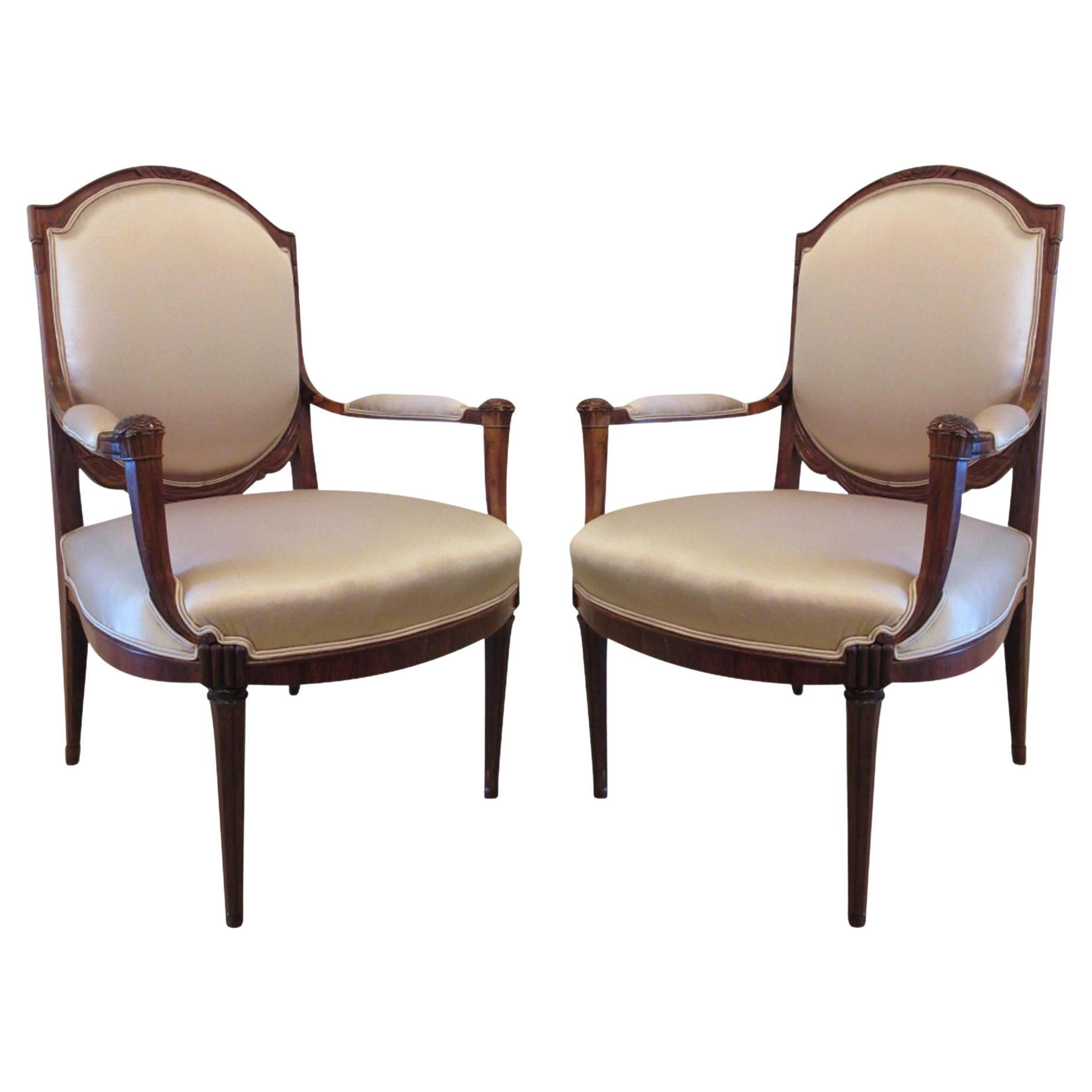Set of 4 French Art Deco Cream and Mahogany Arm Chairs For Sale at 1stDibs