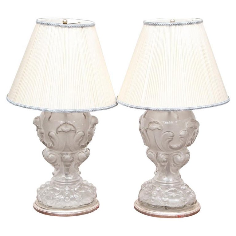Fine Pair of Art Glass Lamps with Leaf Motifs After Lalique For Sale at ...