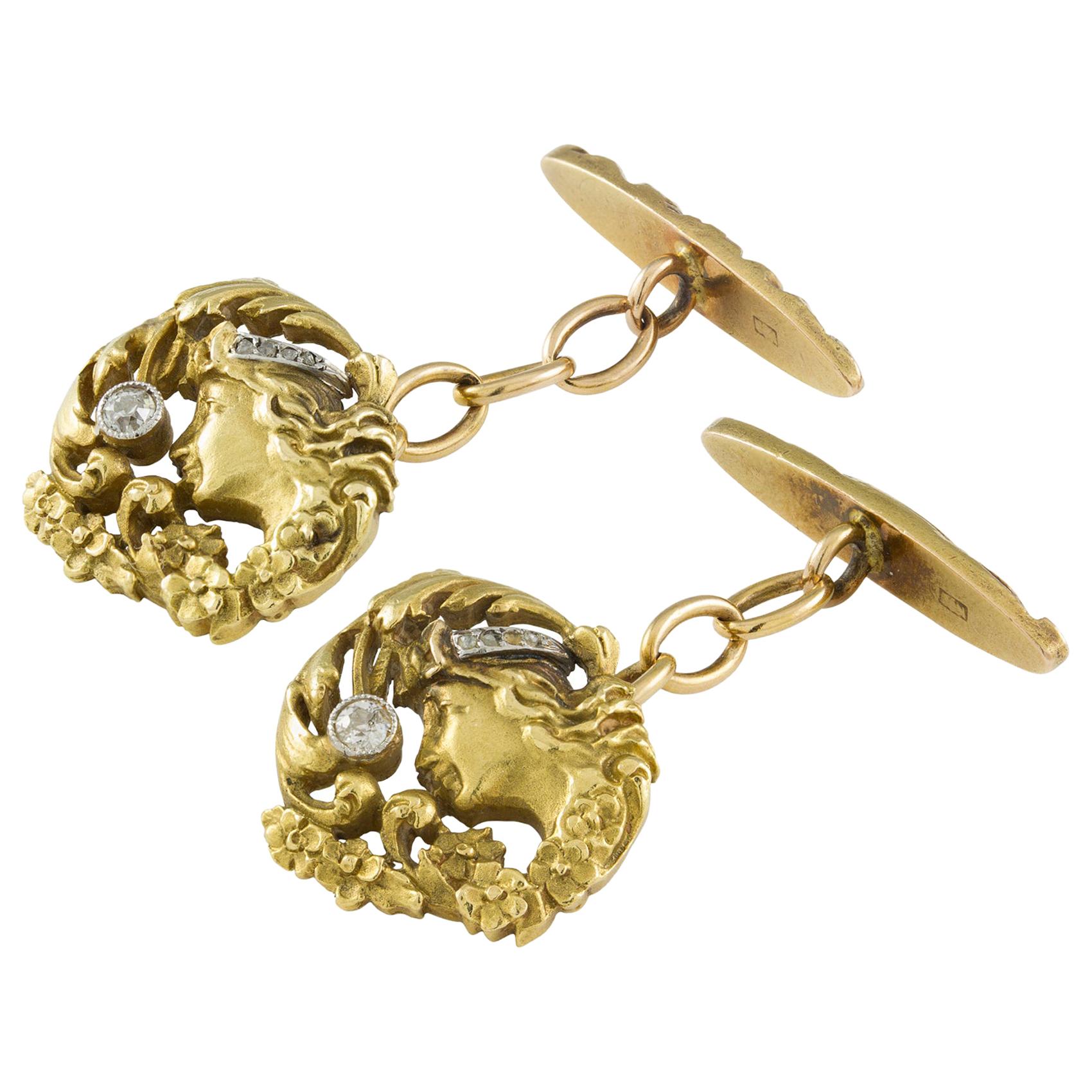 Art Nouveau Enamel Yellow Gold Cufflinks at 1stDibs