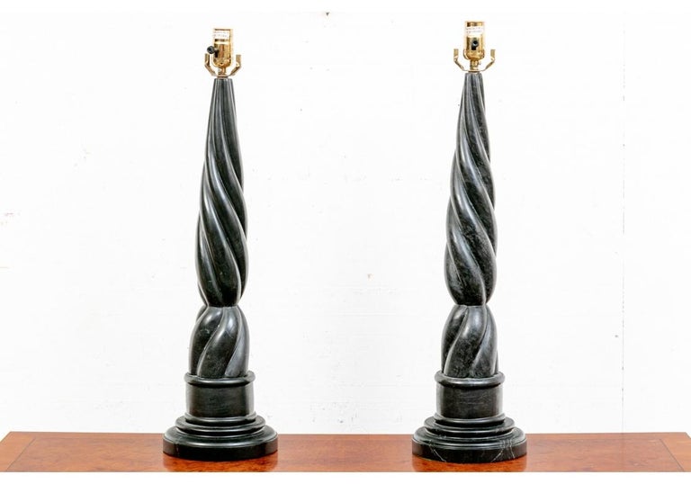 Fine Pair of Carved Black Stone Table Lamps For Sale at 1stDibs