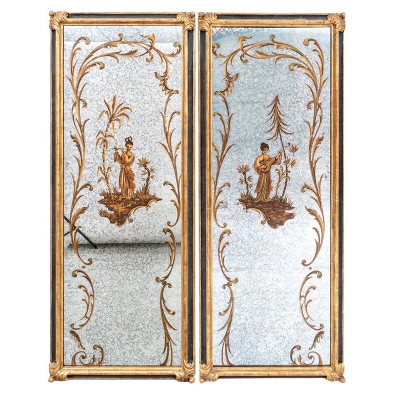 Fine Pair of Chinoiserie Decorated Mottled Mirrors For Sale at 1stDibs