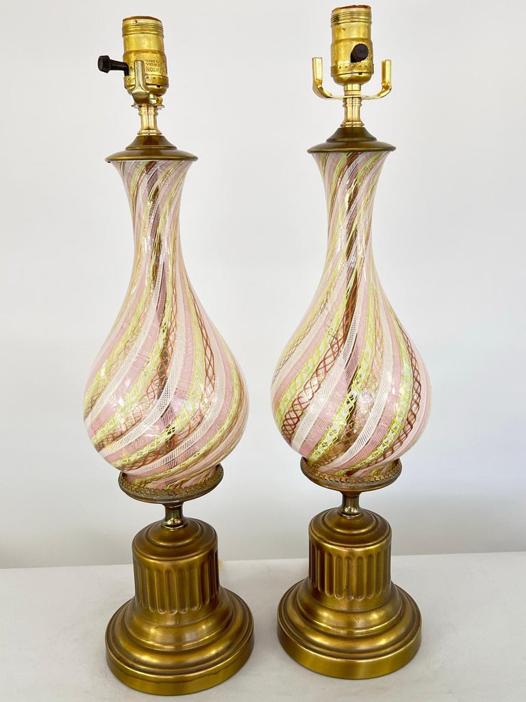 Fine Pair of Hand-blown Retortoli and Reticello Filigrana Murano Lamps ...