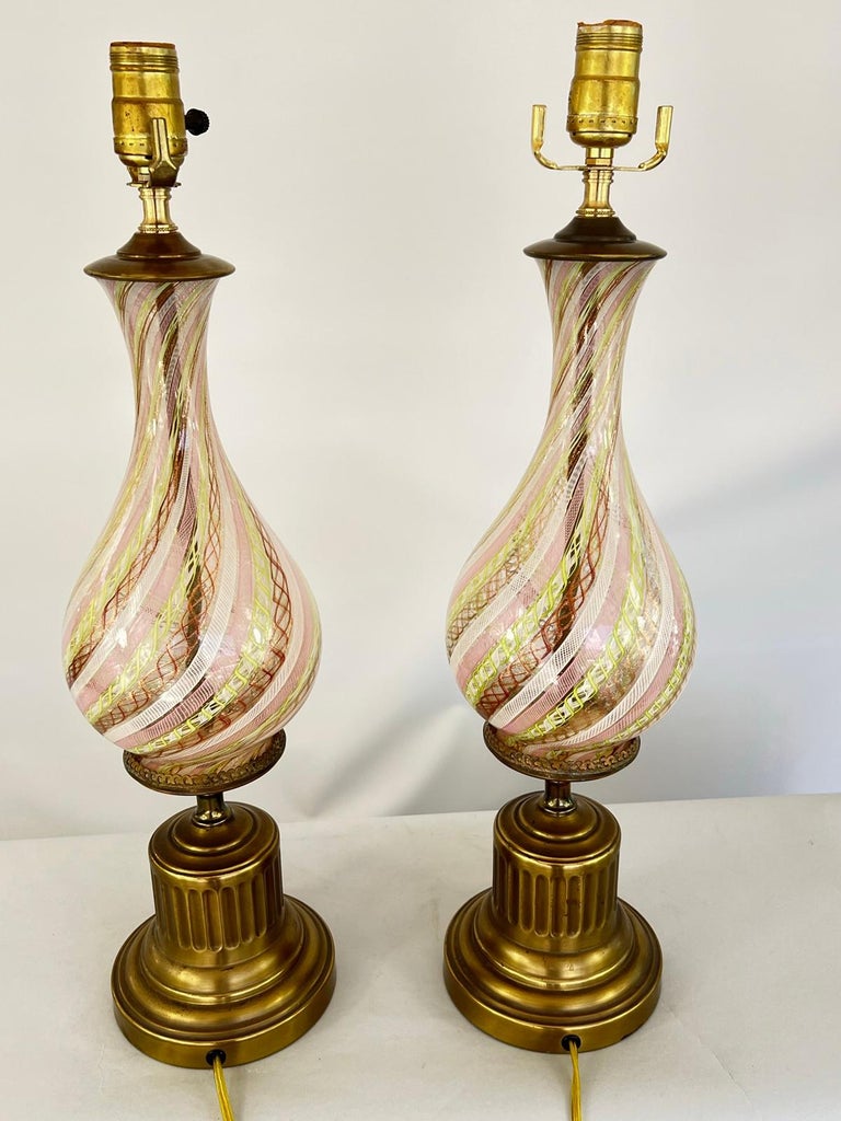 Fine Pair of Hand-blown Retortoli and Reticello Filigrana Murano Lamps ...