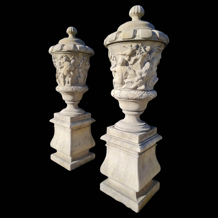Fine Pair of Italian Carved Stone Garden Vases with Base For Sale at ...