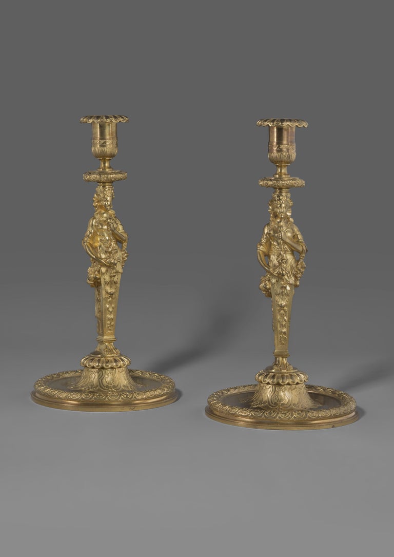 Fine Pair of Louis XIV Style Gilt Bronze Figural Candlesticks, circa ...
