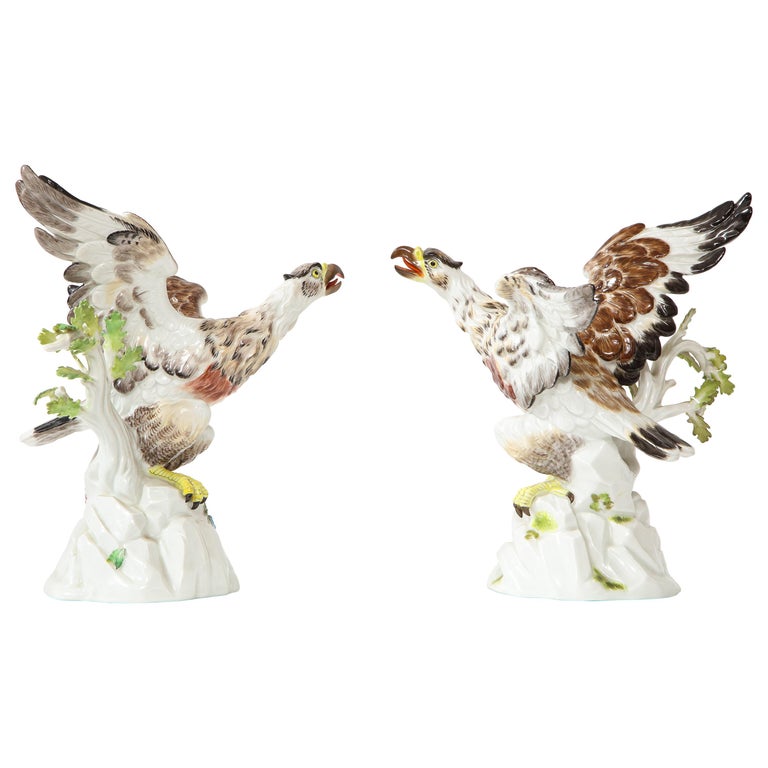 Fine Pair of Meissen Porcelain Models of Eagles Resting on Branches For ...