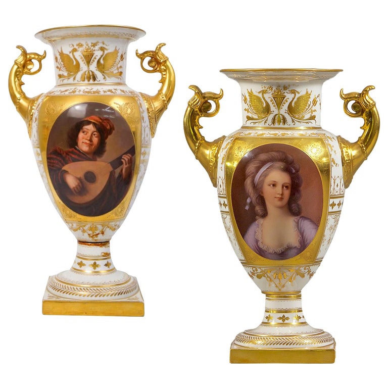 Fine Pair of Vienna Style Painted Porcelain Vase with Handles For Sale ...