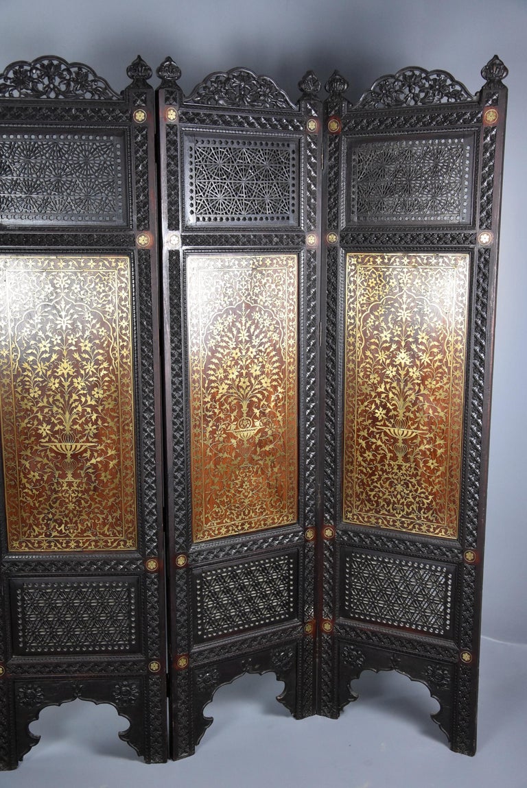 Fine Quality Anglo Indian Carved Padouk and Brass Inlaid Four Fold ...