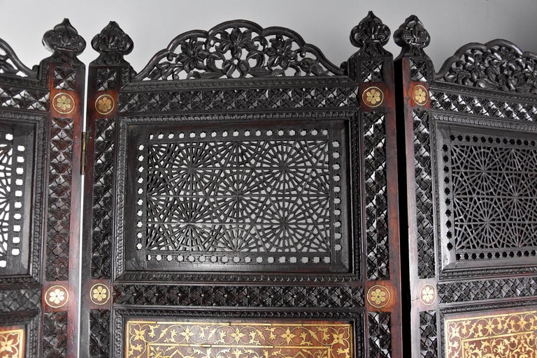 Fine Quality Anglo Indian Carved Padouk and Brass Inlaid Four Fold ...