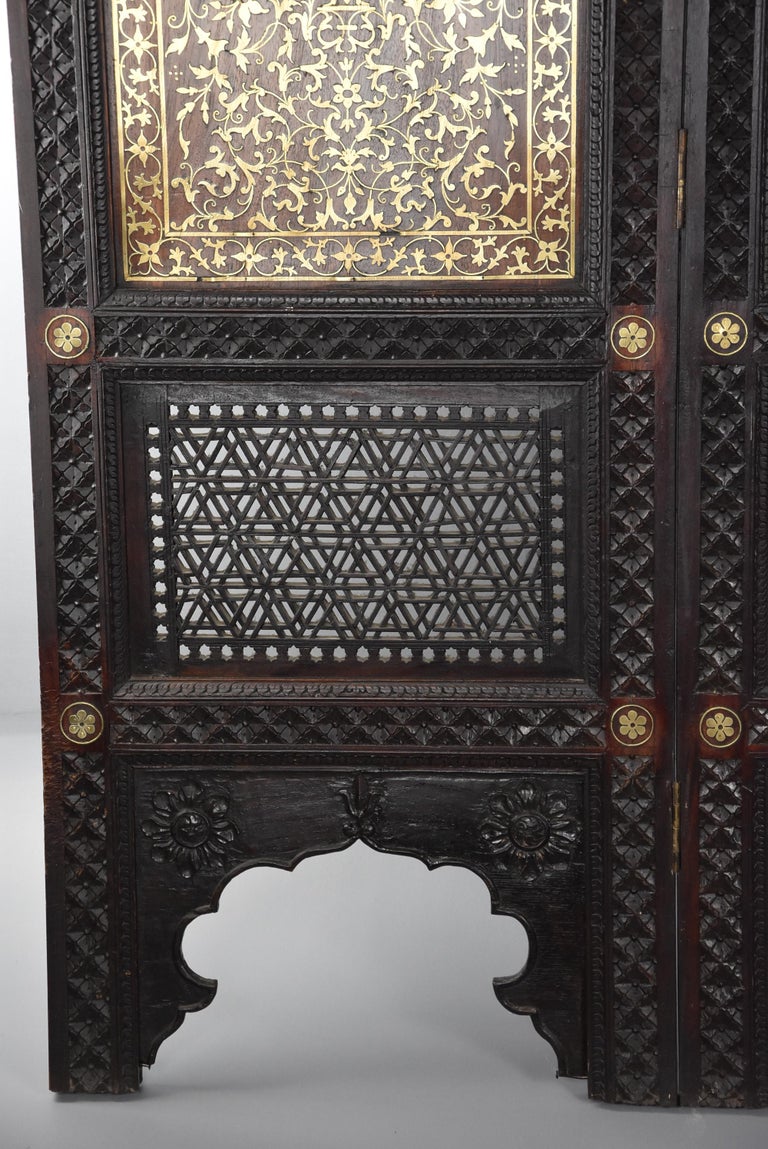Fine Quality Anglo Indian Carved Padouk and Brass Inlaid Four Fold ...