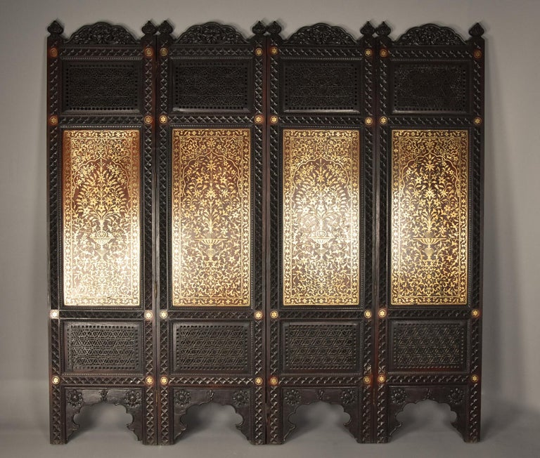 Fine Quality Anglo Indian Carved Padouk and Brass Inlaid Four Fold ...