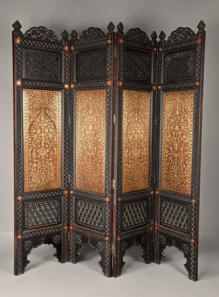 Fine Quality Anglo Indian Carved Padouk and Brass Inlaid Four Fold ...