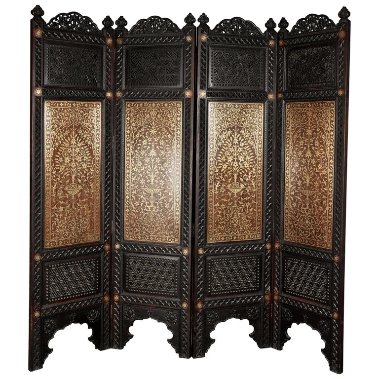 Fine Quality Anglo Indian Carved Padouk and Brass Inlaid Four Fold ...