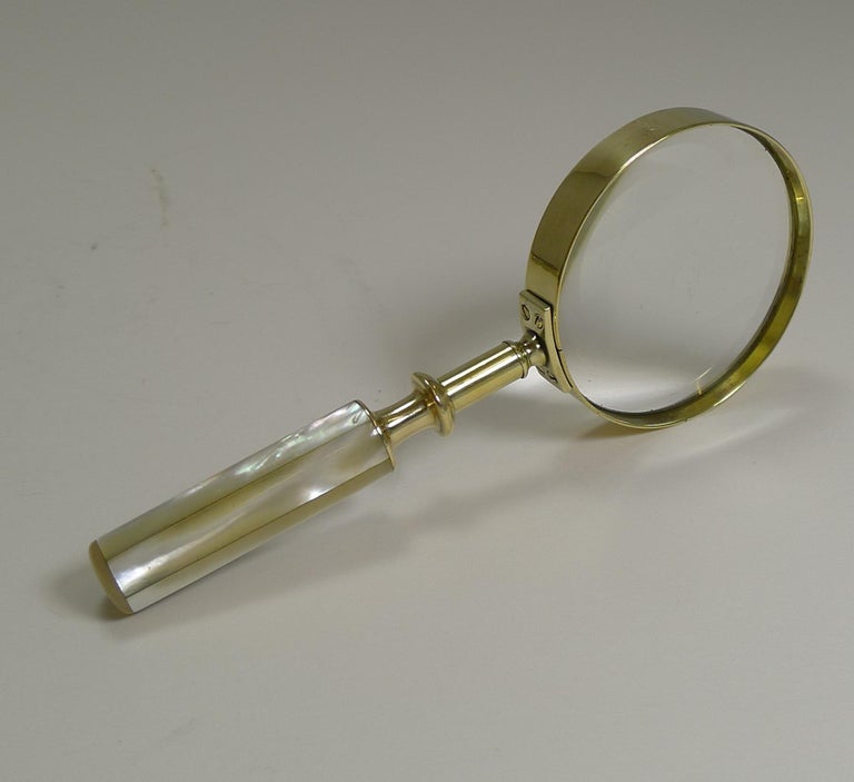 Fine Quality Antique English Brass and Mother of Pearl Magnifying Glass ...