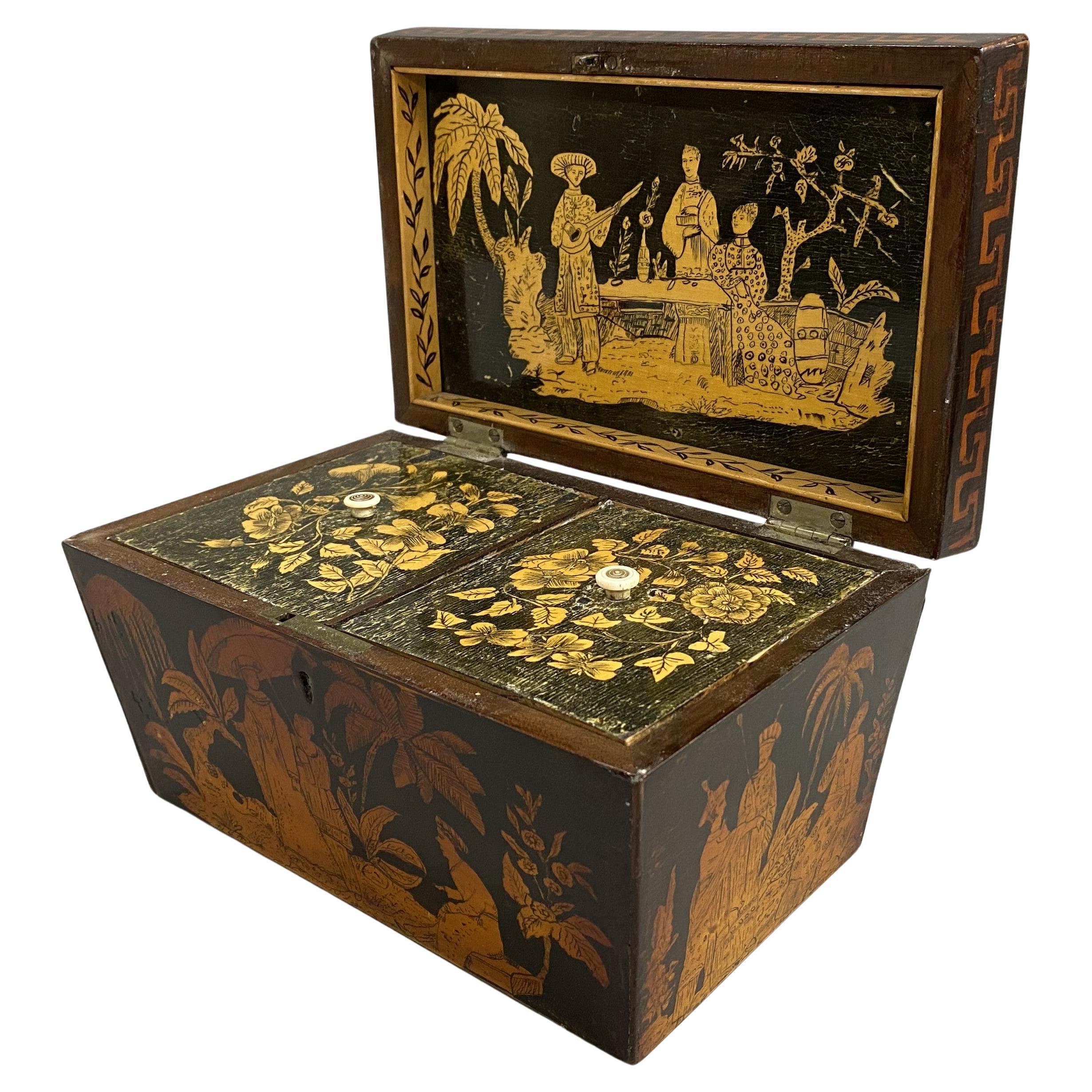 Regency Chinoiserie Penwork Tea Chest For Sale at 1stDibs