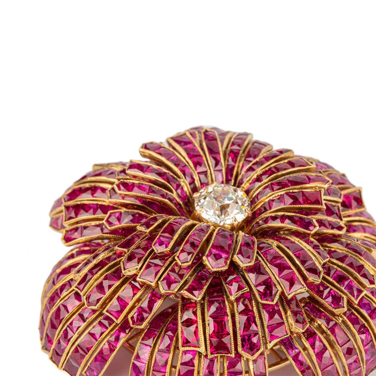 Fine Ruby and Diamond Flower Brooch For Sale at 1stDibs