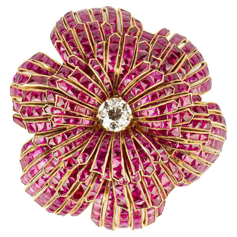 Fine Ruby and Diamond Flower Brooch For Sale at 1stDibs