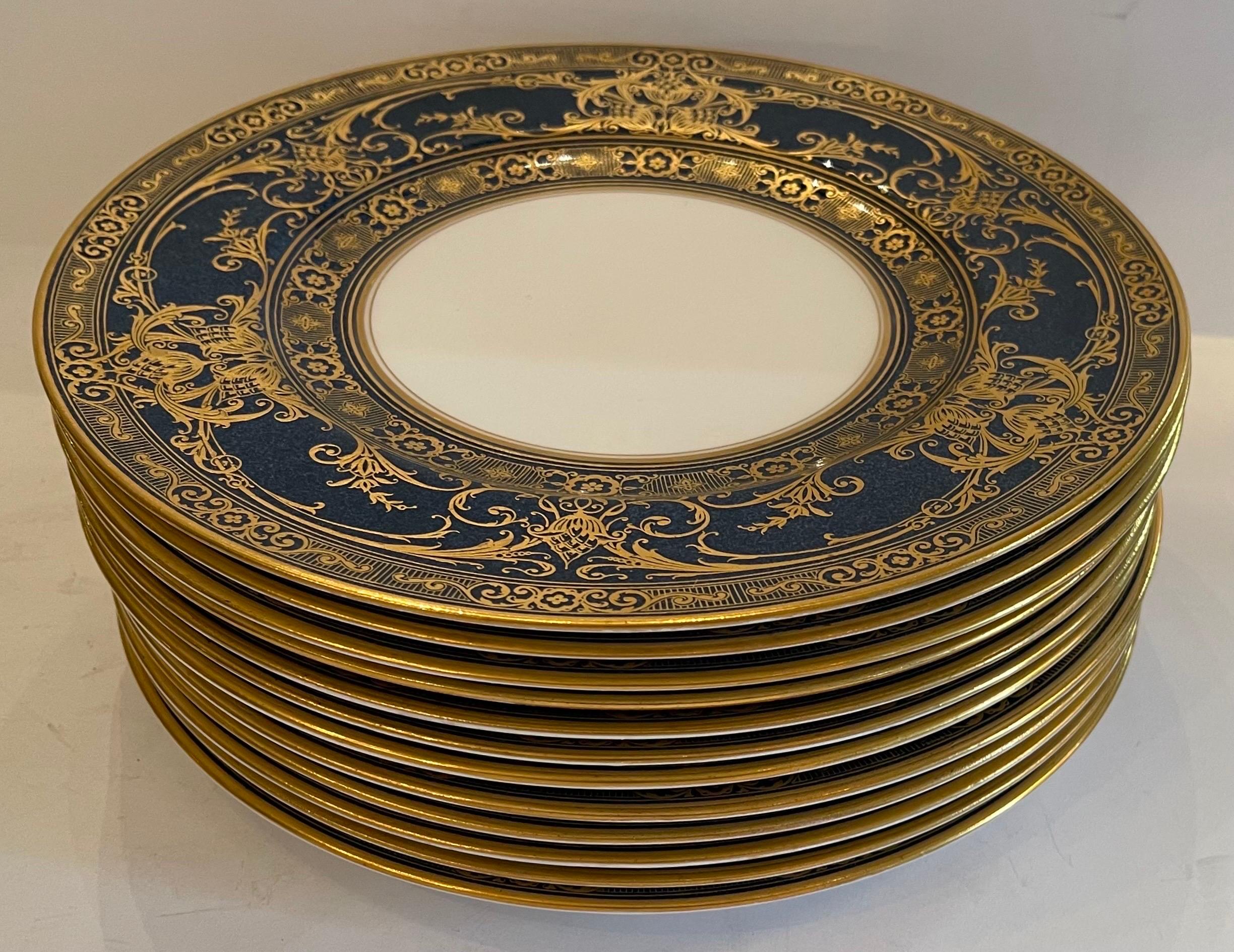 Fine Service 12 Royal Worcester Navy Blue Gold Gilded Dinner ...