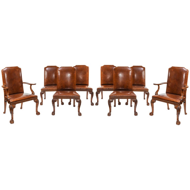 Fine Set of Eight Walnut and Leather Upholstered Dining Chairs at 1stDibs