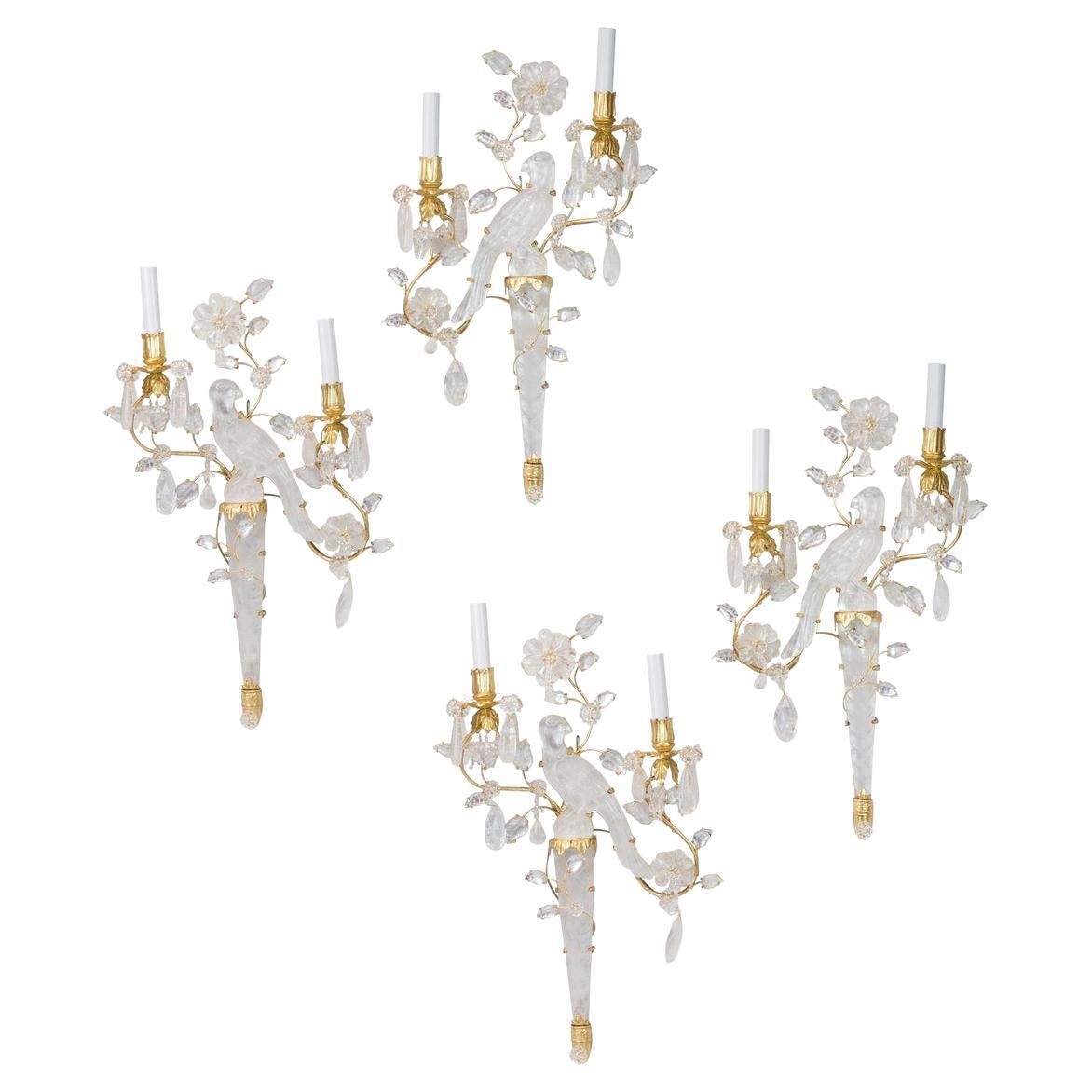 Set of Four Two-Light Gilt Metal Carved Rock Crystal Wall Sconce at 1stDibs