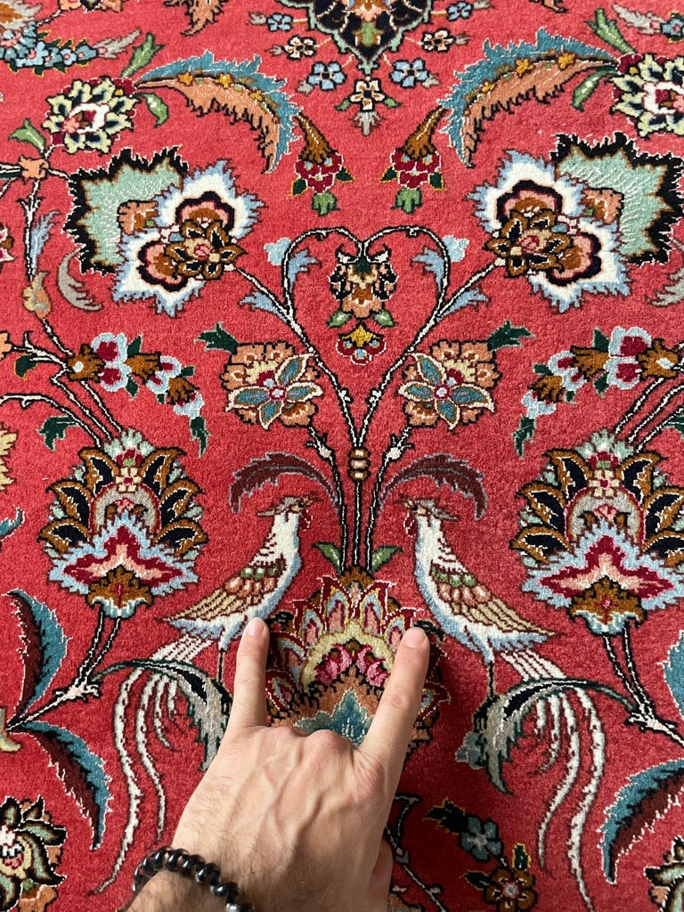 Fine Silk Rug with Royal Bird Motifs, circa 1950 For Sale at 1stDibs