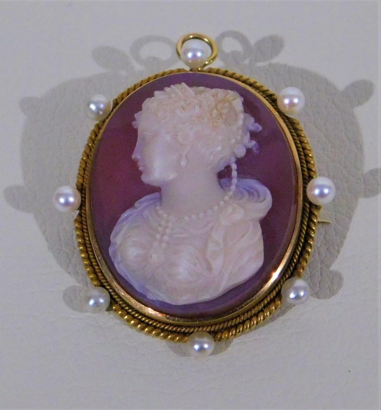 Fine Victorian 14K Gold and Pearls Hand Carved Cameo Brooch/Necklace ...