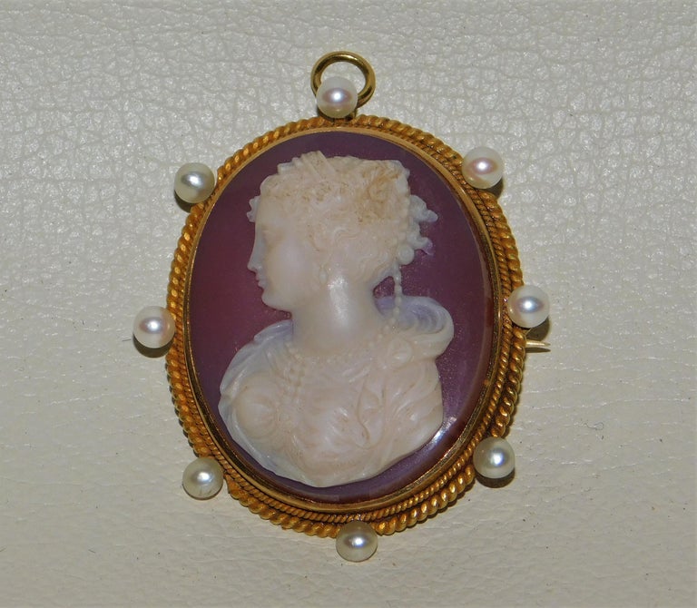 Fine Victorian 14K Gold and Pearls Hand Carved Cameo Brooch/Necklace ...